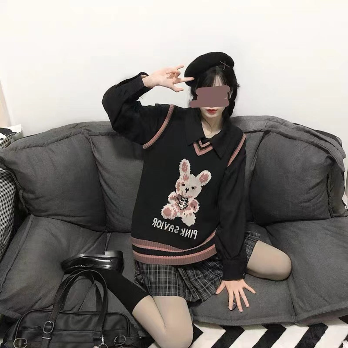 23AW |🕸🐇Pink Savior Skeleton Bunny Knitted vest [Pre-Order] – Dame Ningen